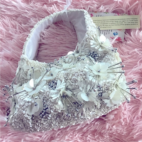 Indie | Bags | New Elegant White Floral Beaded Embellished Mini Bag ...
